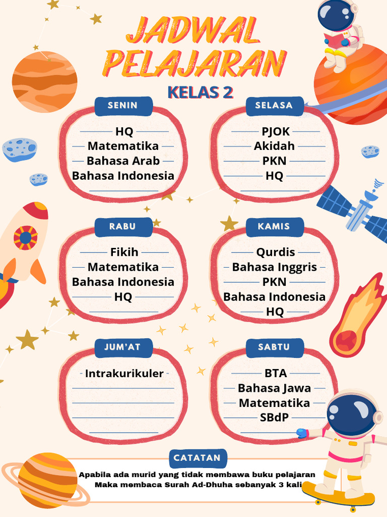 Merah Biru Astronot Lucu Jadwal Mata Pelajaran Sekolah Dokumen A4 | PDF