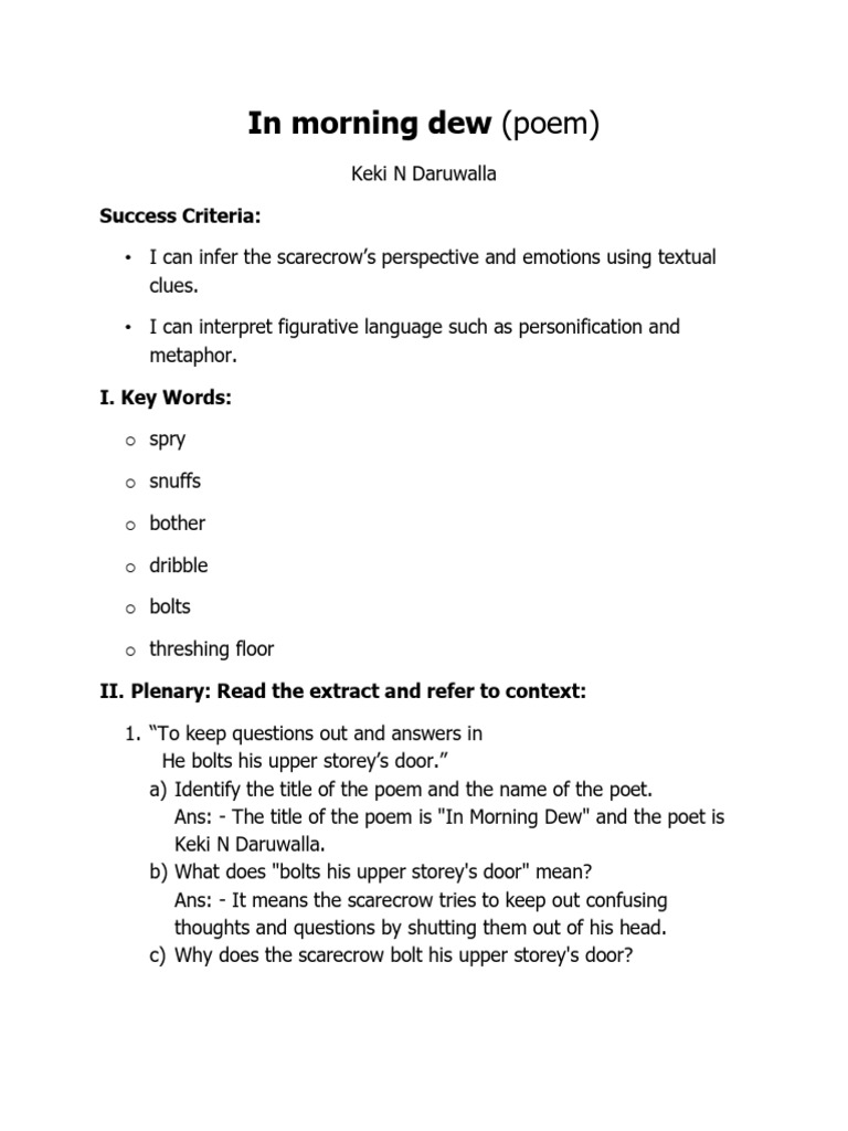 "In Morning Dew: Poem Analysis & Q&A" | PDF | Curiosity | Psychology