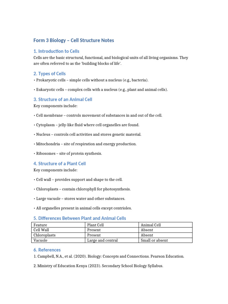 Form3 Biology Cell Structure Notes | PDF