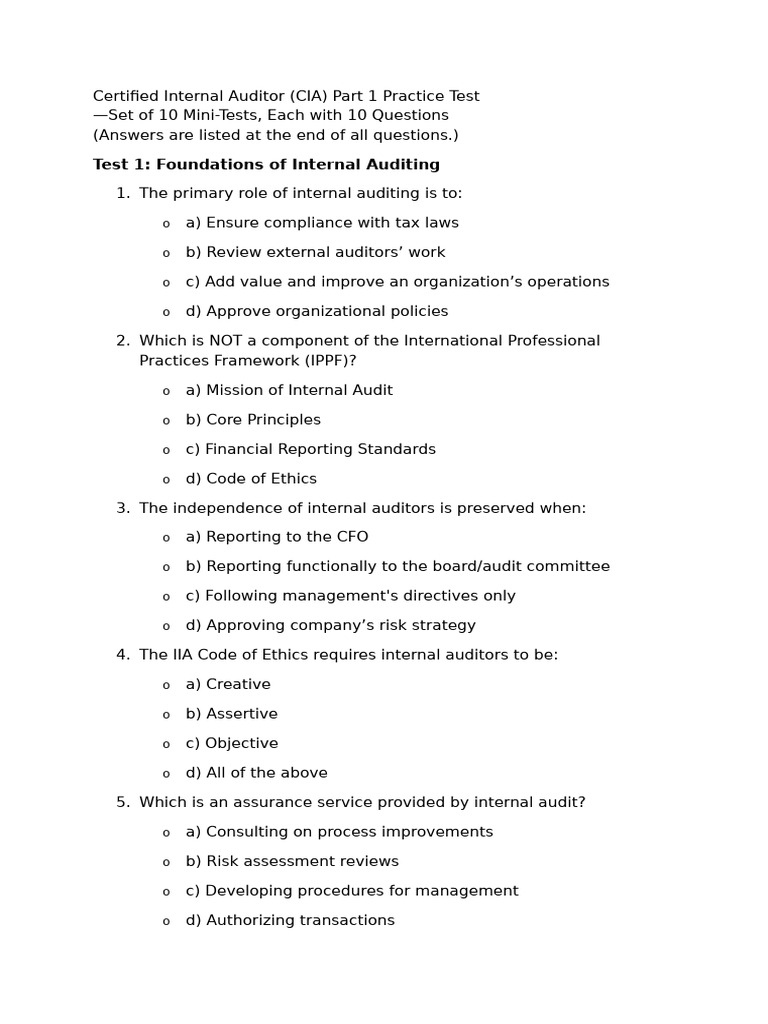 CIA Part 1 Practice Test: 10 Mini-Tests | PDF | Internal Audit | Audit