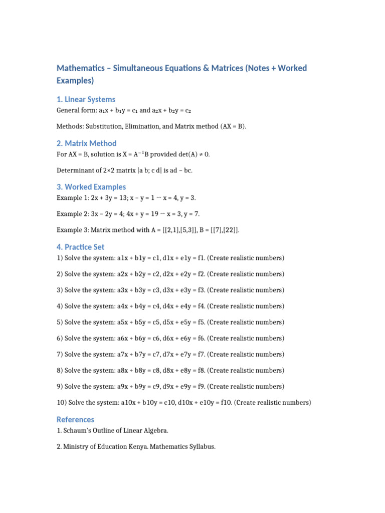 Mathematics Simultaneous Equations Matrices Notes | PDF