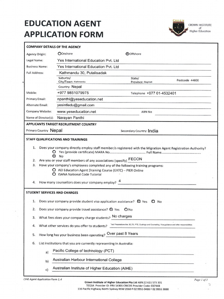Education Agent Application Form | PDF | Educational Stages