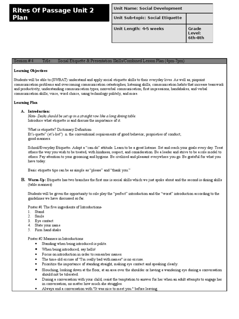 Social Etiquette Lesson Plan | PDF | Etiquette | Lesson Plan