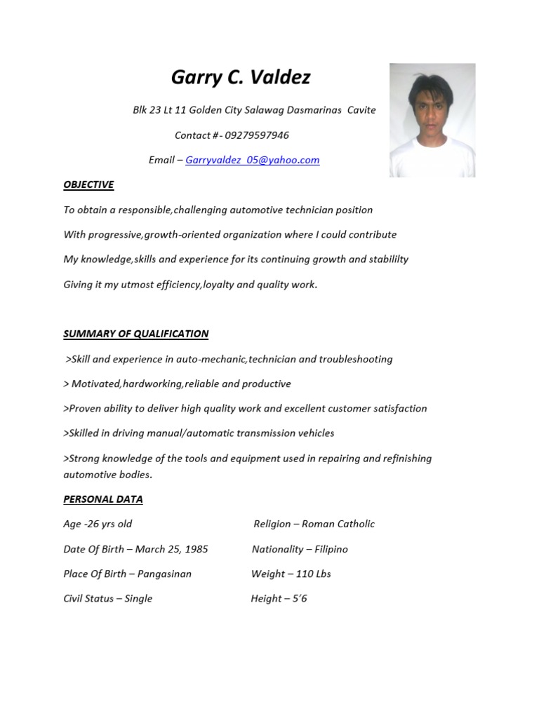 Automotive Technician Resume of Garry Valdez | PDF