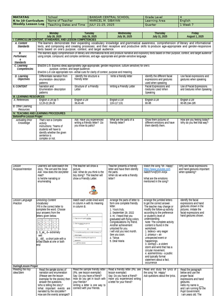 Grade 4 English Weekly Lesson Plan | PDF | English Language | Vocabulary