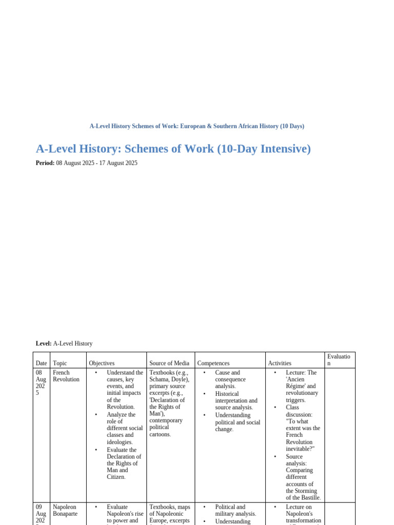A-Level History: 10-Day Study Plan | PDF | Evaluation | Imperialism