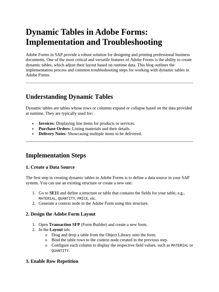 Implementing Dynamic Tables in Adobe Forms | PDF | Page Layout | Computing