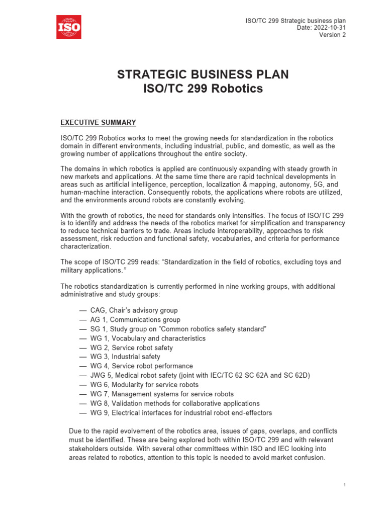 ISO/TC 299 Robotics Business Plan | PDF | International Organization ...