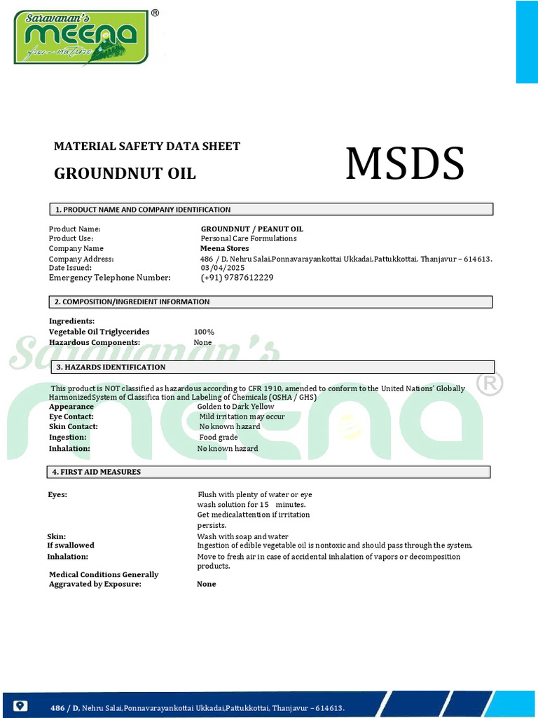 Msds Ground Nut Oil Meena ST | PDF | Firefighting | Fires