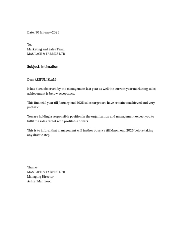 Intimation Letter Ariful Islam | PDF