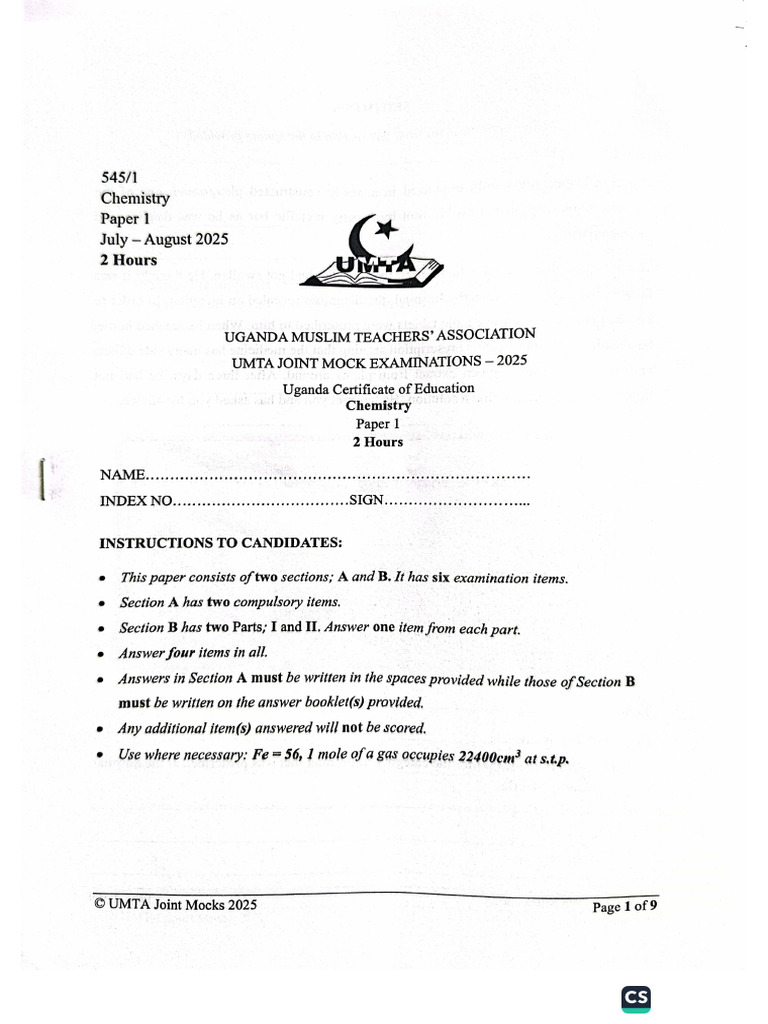 S.4 Chemistry UMTA Mocks 2025 | PDF