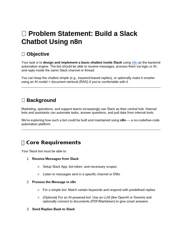 ? Problem Statement - Build A Slack Chatbot Using n8n | PDF