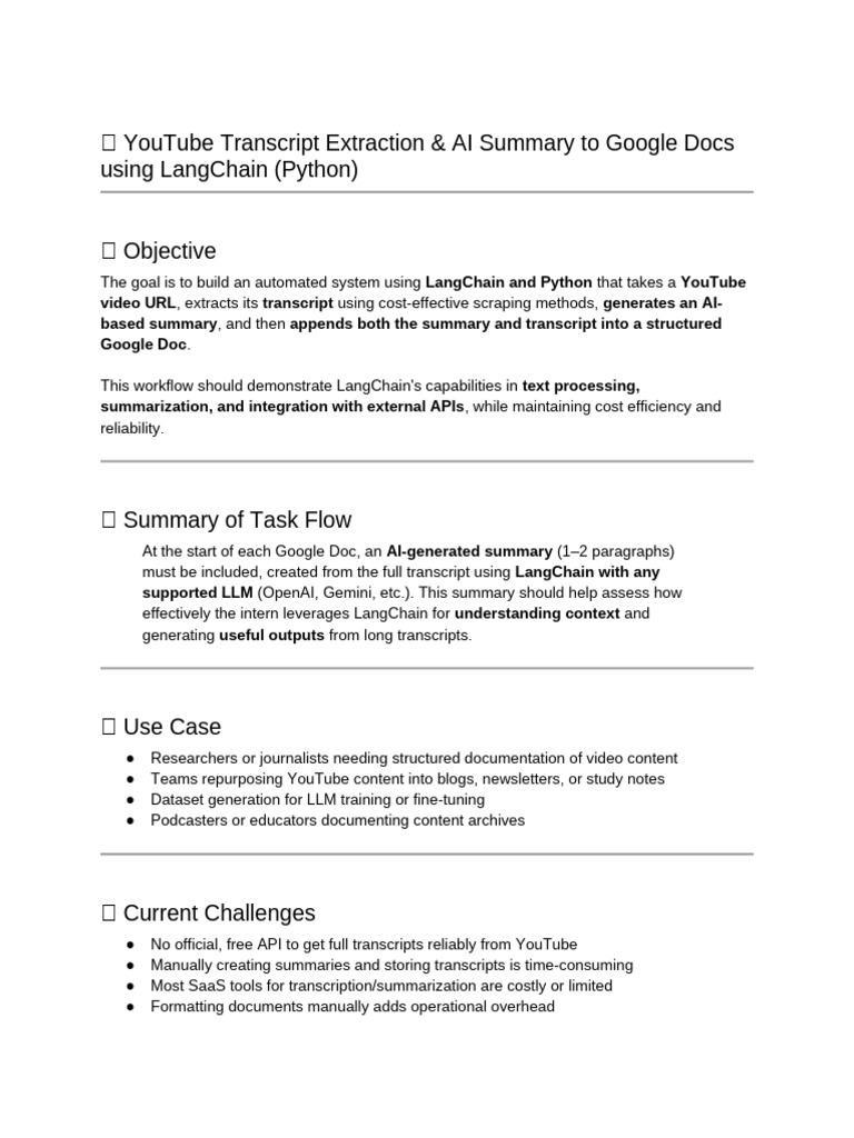 ? YouTube Transcript Extraction & AI Summary to Google Docs Using LangChain (Python) | PDF ...