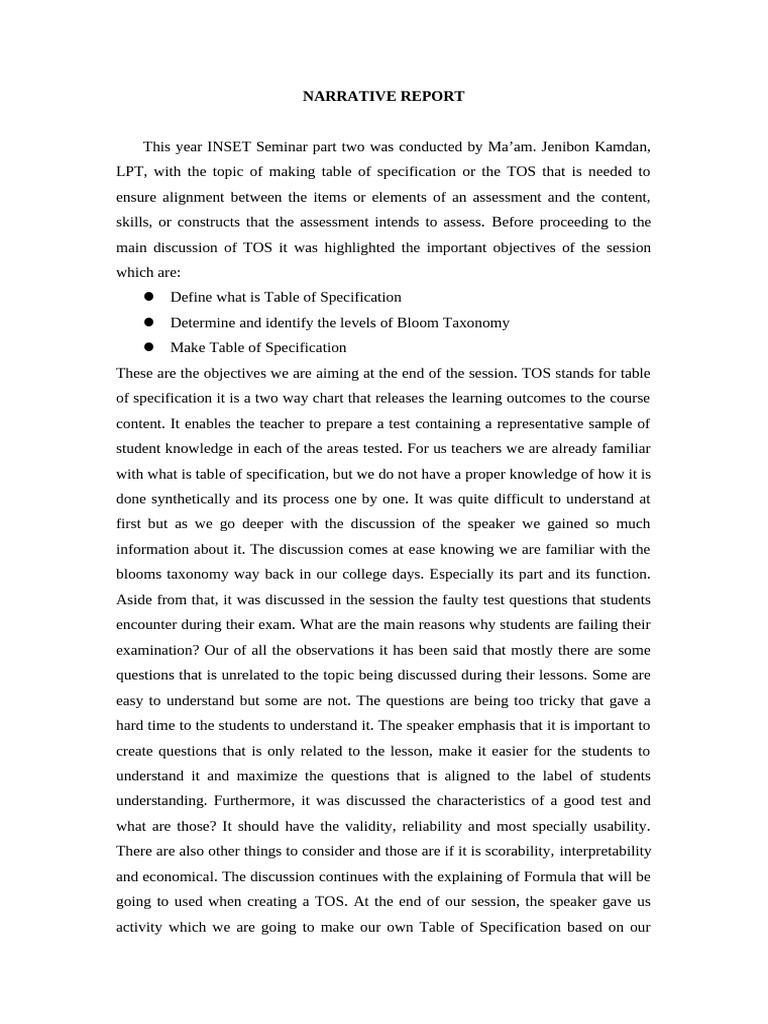 Narrative Report - Inset Seminar | PDF | Educational Assessment | Knowledge