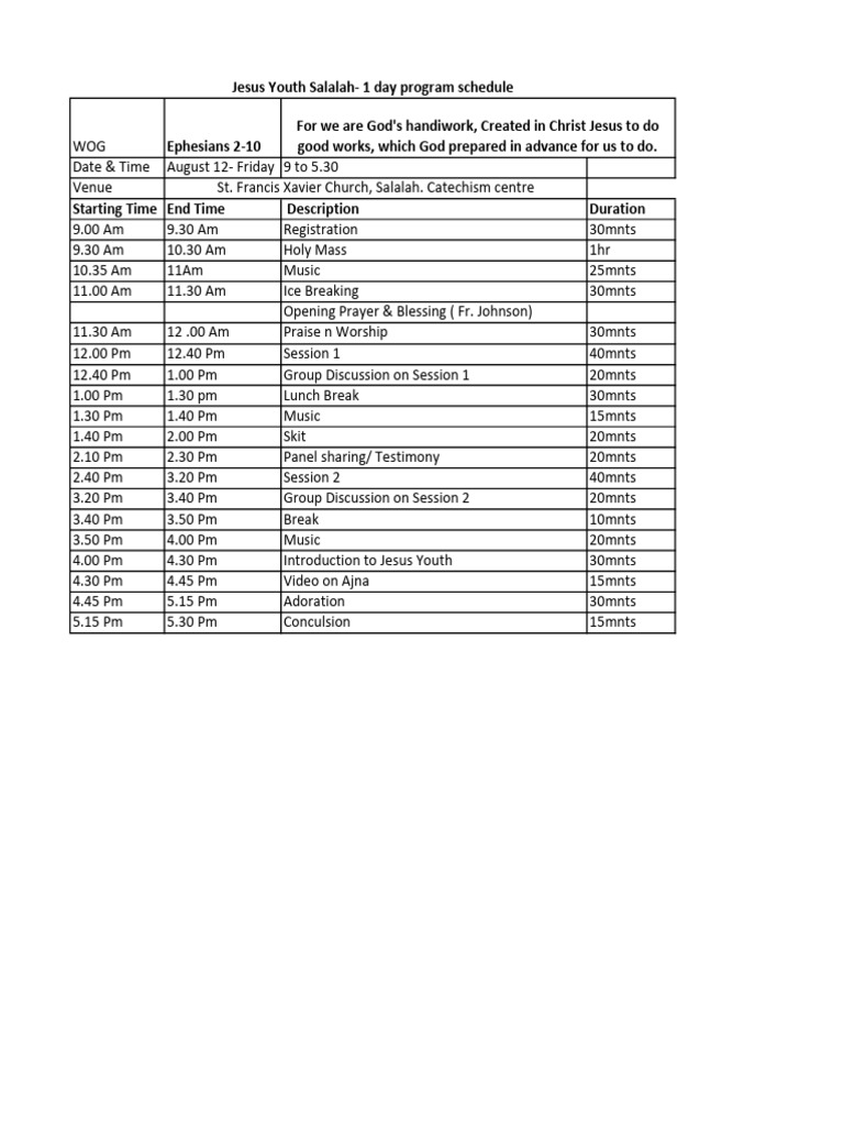 Jesus Youth Salalah 1 Day Program Schedule - Aug 12 | PDF