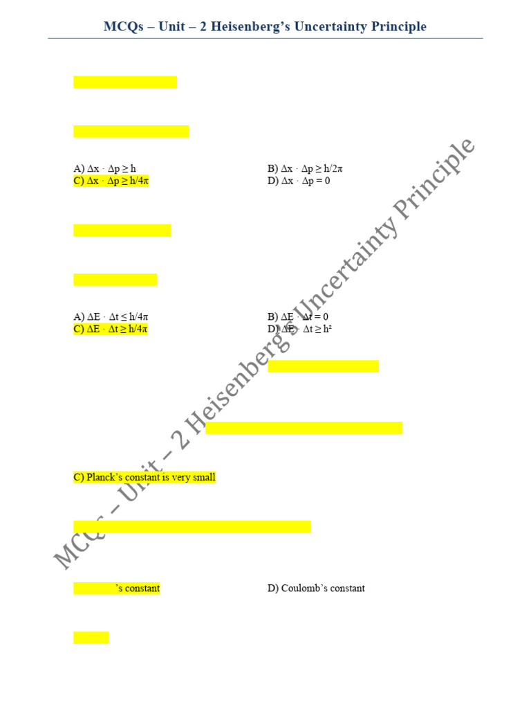 Heisenberg Uncertainty Principle MCQs | PDF | Uncertainty Principle ...