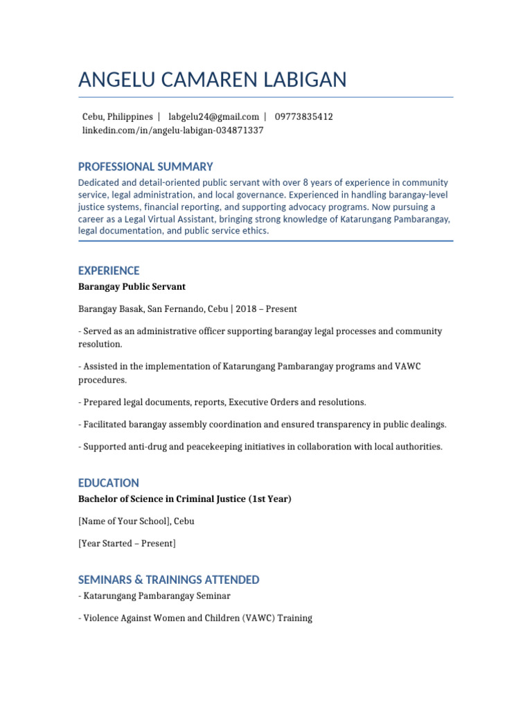 Angelu Labiganga Professional CV | PDF