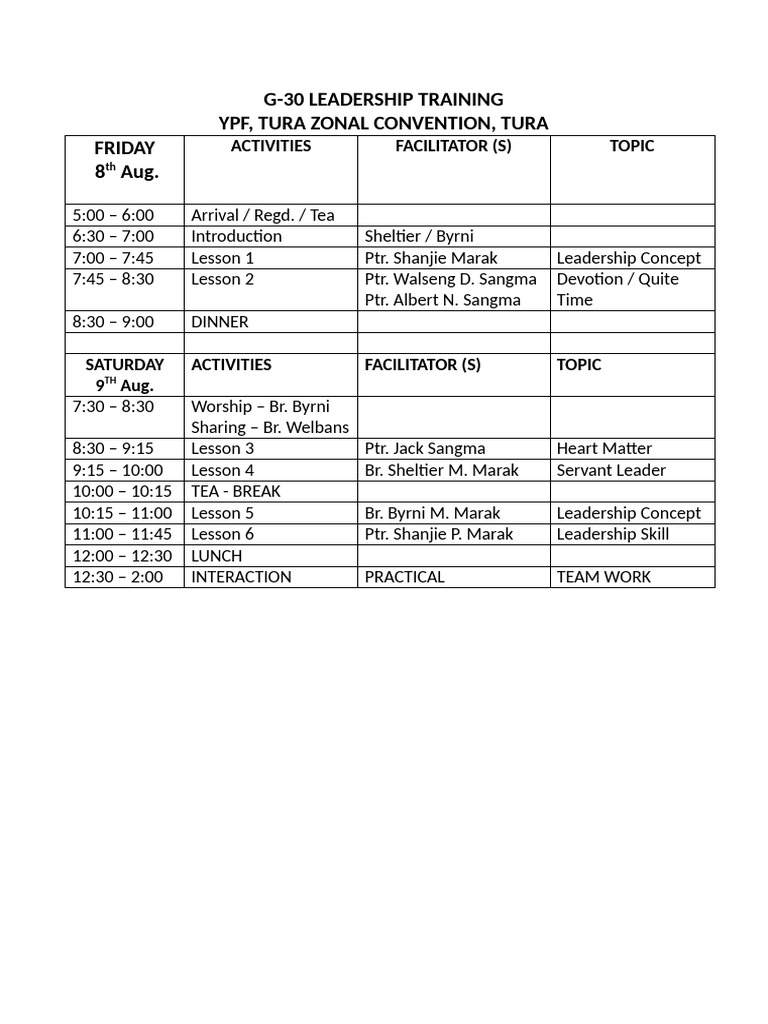 G-30 Leadership Training Agenda | PDF