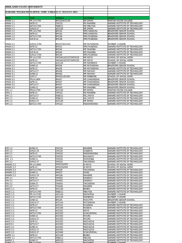 Harare Weekend School Time Table 15-17 Aug-F | PDF
