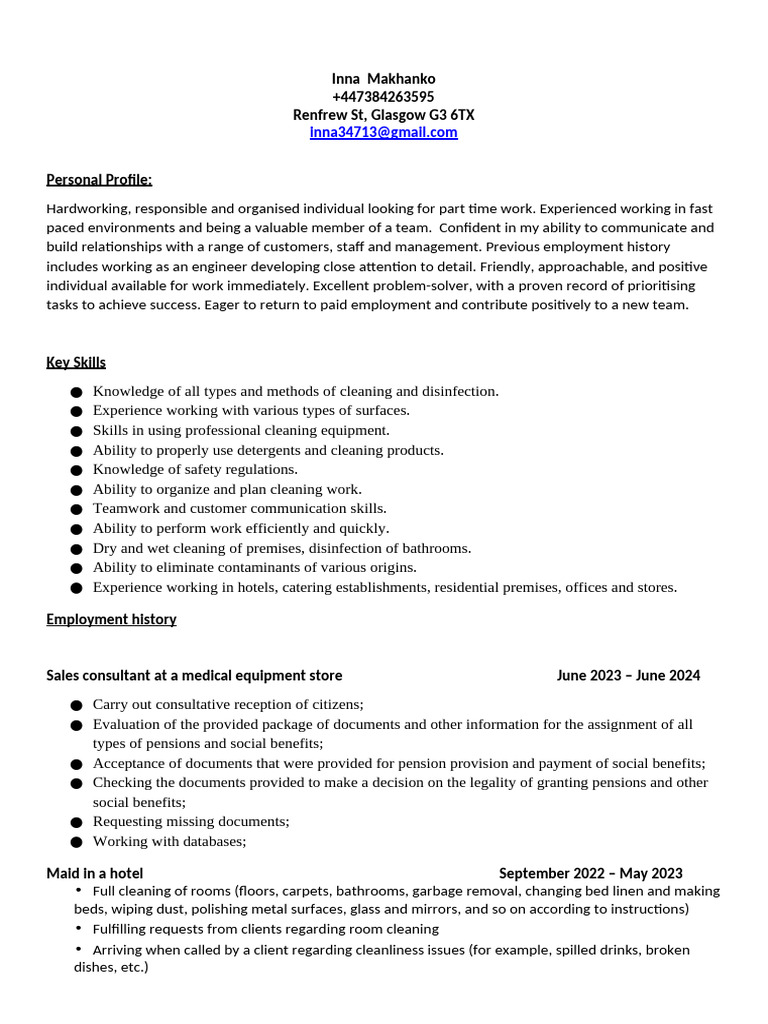 Part-Time Cleaning and Service Resume | PDF