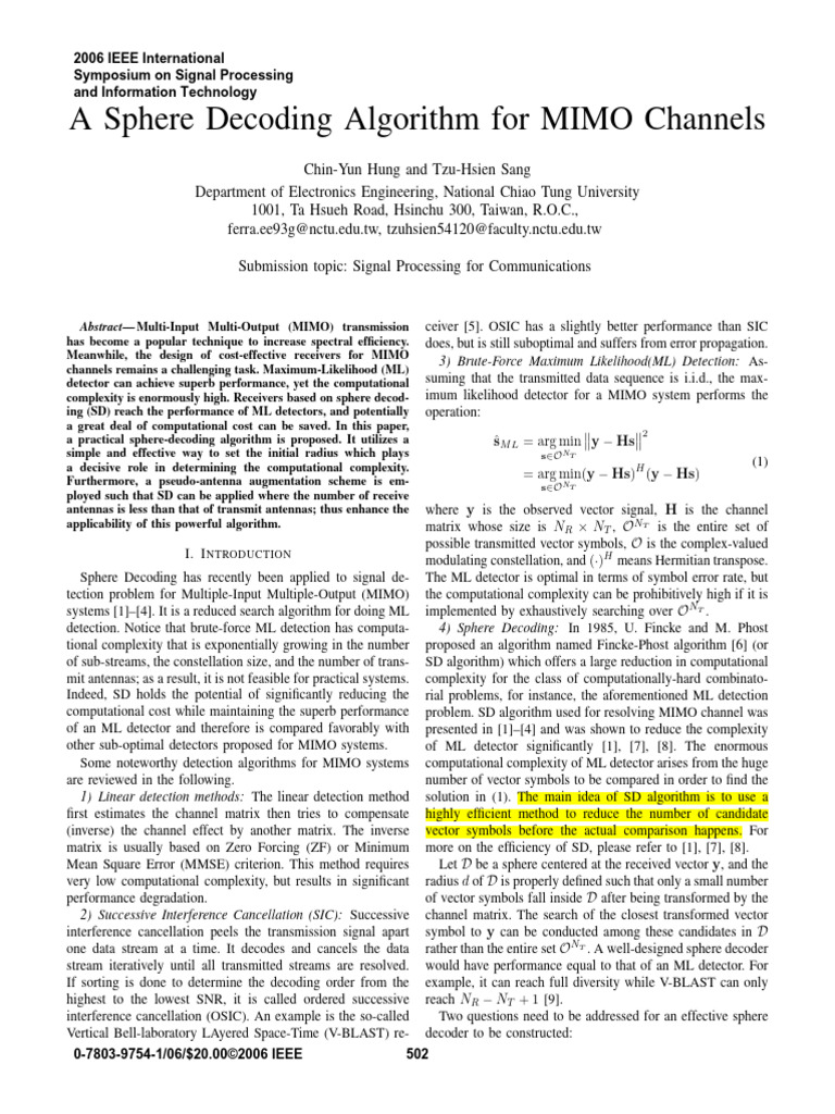 2006 A Sphere Decoding Algorithm For MIMO Channels | PDF | Mimo | Telecommunications Engineering
