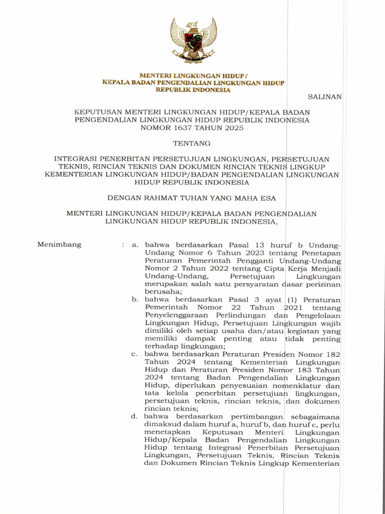 Salinan SK MenLH-KaBPLH No. 1637 Tentang Integrasi Pertek, DRT, Rintek ...