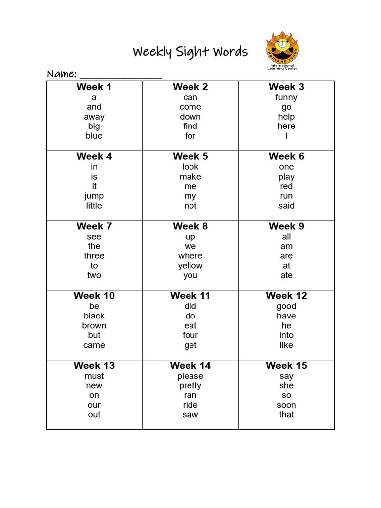Weekly Sight Words V2 | PDF