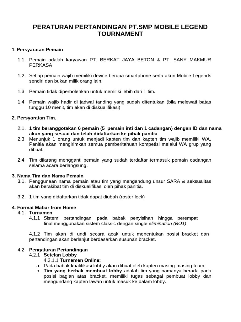 Peraturan Pertandingan Mobile Legend | PDF