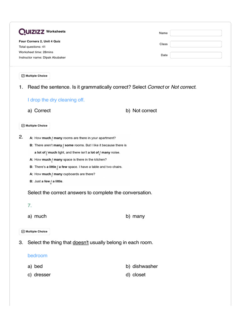 Four Corners 2 Unit 4 Quiz | PDF | Multiple Choice | Chess Openings