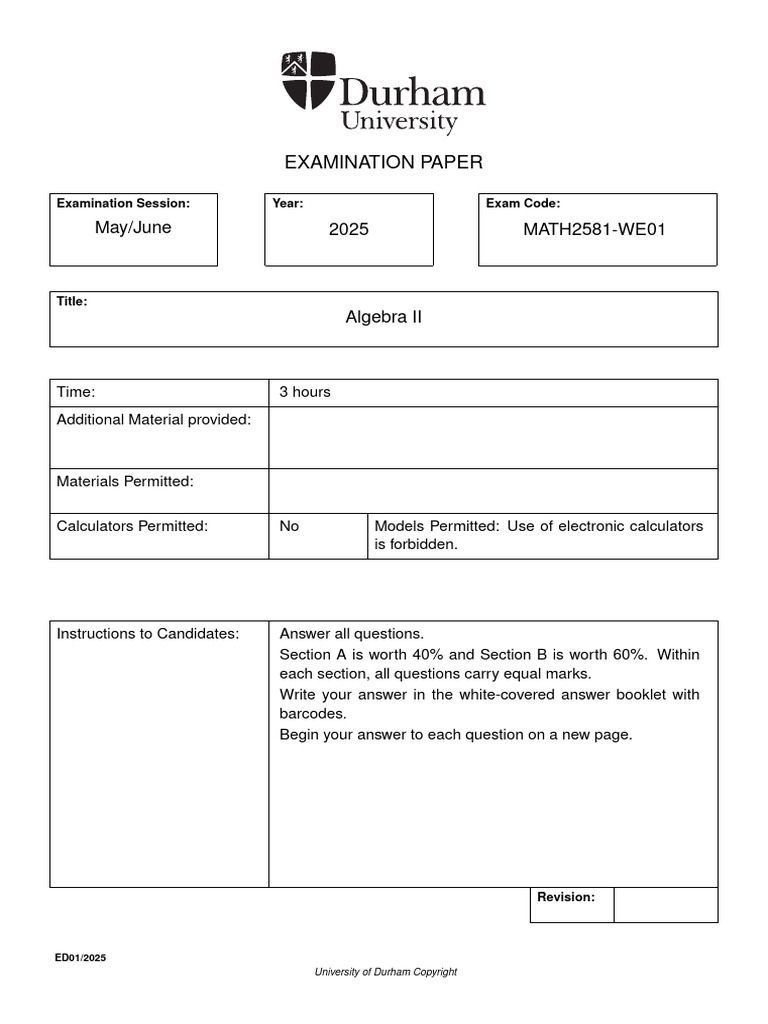Algebra II Exam Instructions 2025 | PDF | Group (Mathematics) | Ring ...