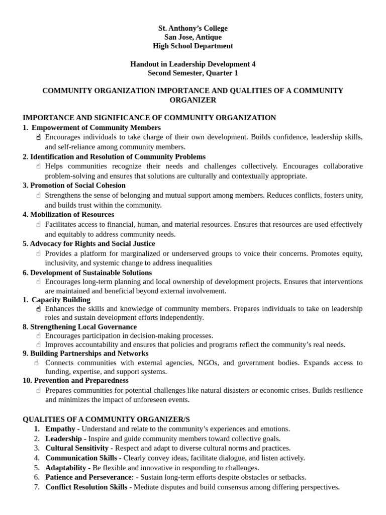 Importance and Qualities of Community Organizers | PDF | Psychological ...