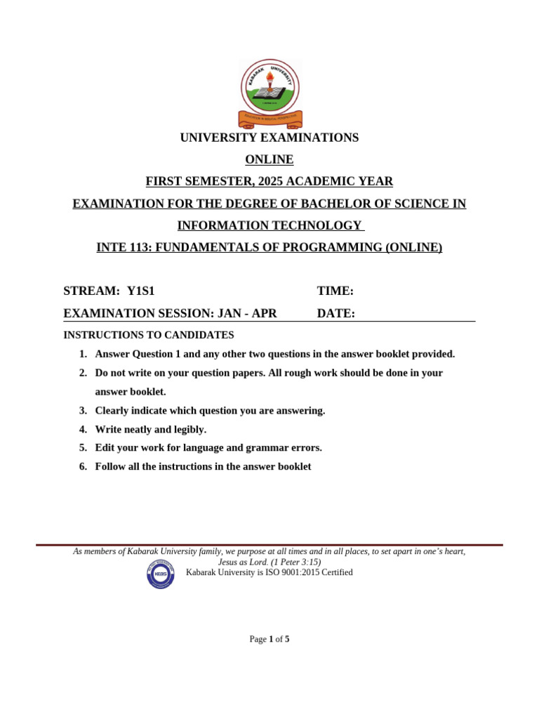 Inte 113 Fundamentals of Programming (Online) - Kabarak University ...