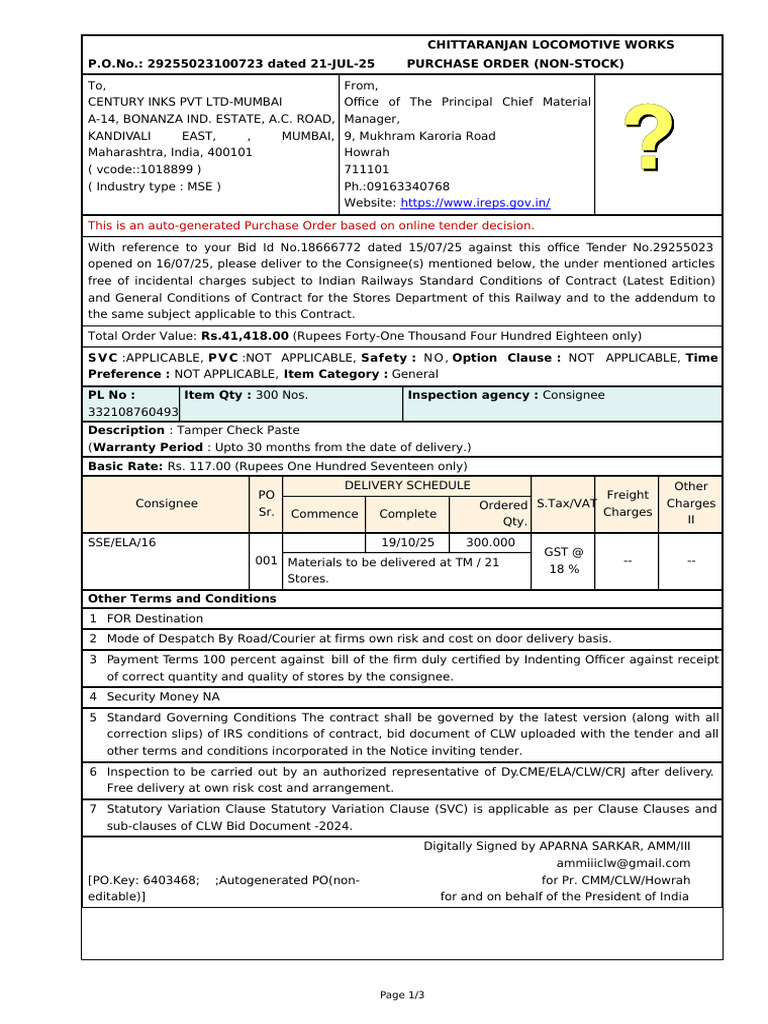 Purchase Order for Tamper Check Paste | PDF | Invoice | Taxes
