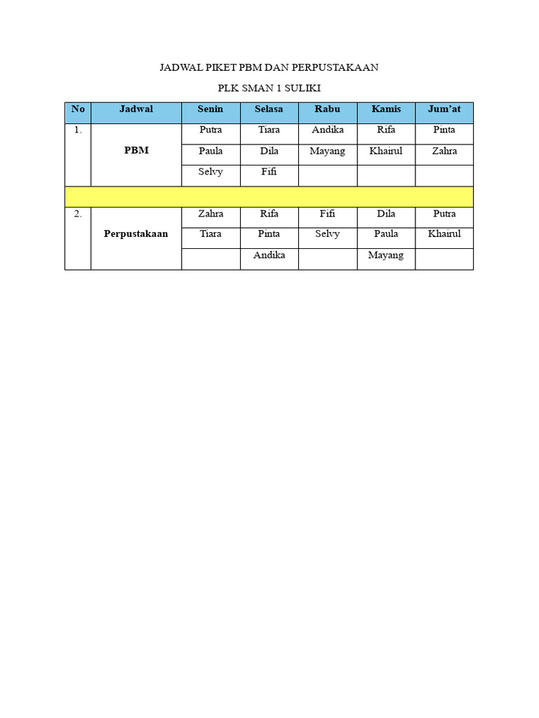 Jadwal Piket Pbm Dan Perpustakaan | PDF