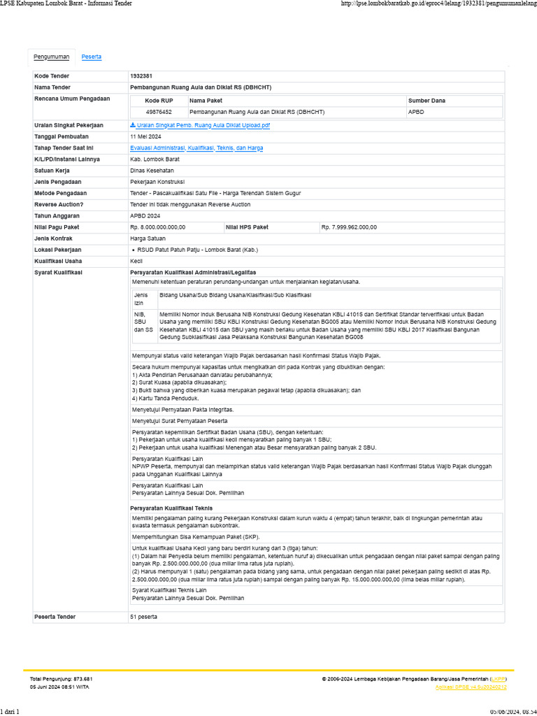 Tender Pembangunan Aula RS Lombok Barat | PDF