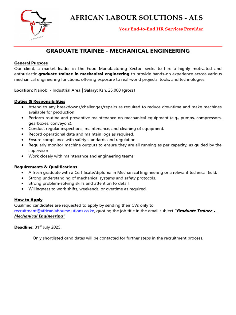 African Labour Solutions - Als: Graduate Trainee - Mechanical ...