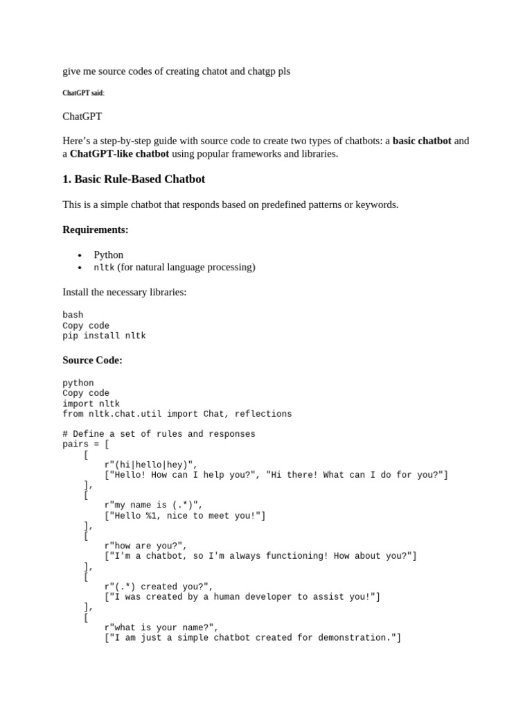 Give Me Source Codes of Creating Chatot and Chatgp Pls | PDF | Python ...