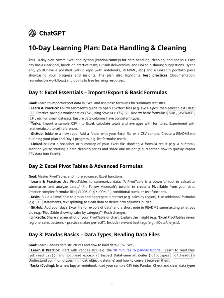 10-Day Learning Plan - Data Handling & Cleaning | PDF | Microsoft Excel | Computing