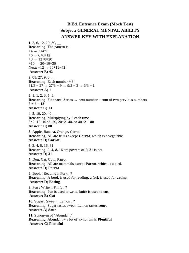 (ANSWER KEY) General Mental Ability | PDF