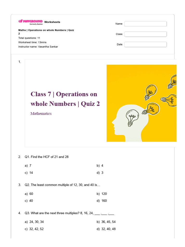 Maths _ Operations on Whole Numbers _ Quiz 2 _ Wayground | PDF