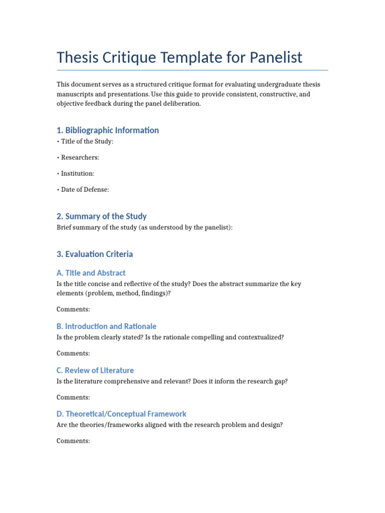 Thesis Critique Template Panelist | PDF