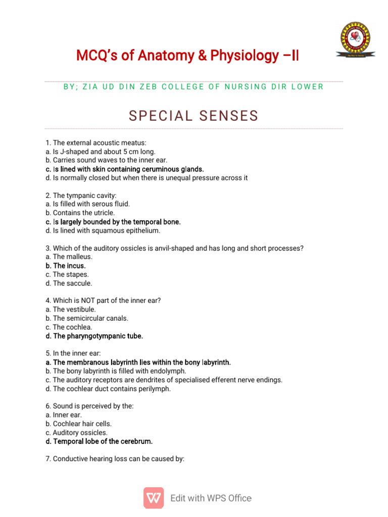 Anatomy & Physiology MCQs: Special Senses | PDF | Ear | Hearing