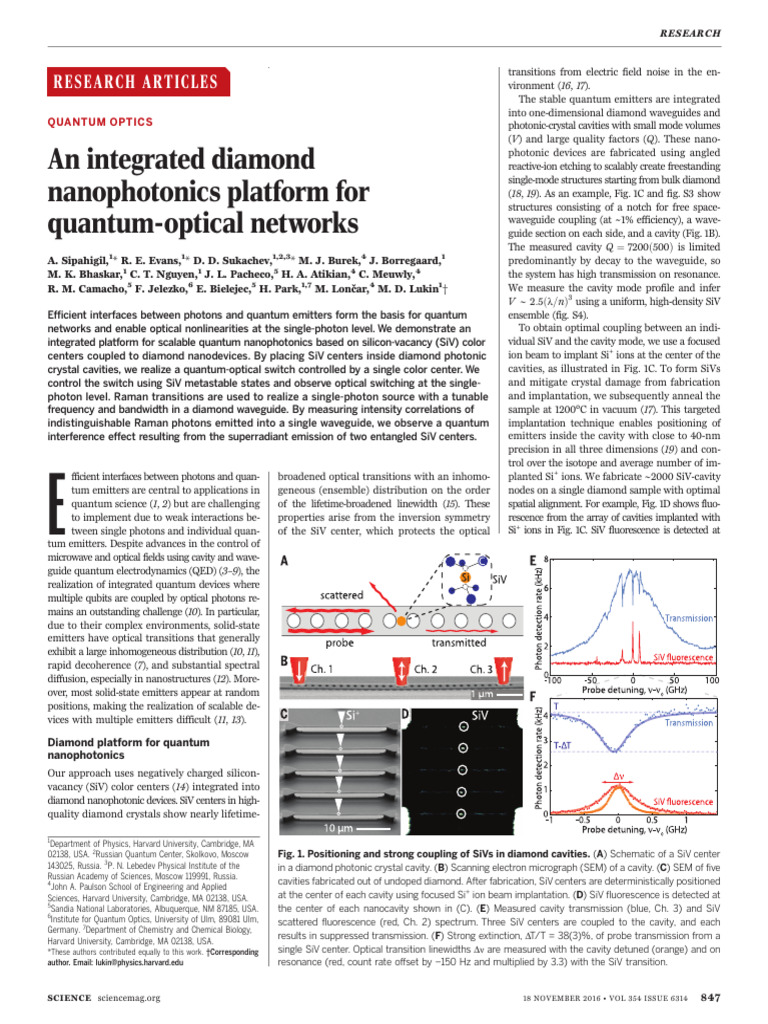 Sipahigil2016 An Integrated Diamond Nanophotonics Platform For Quantum ...