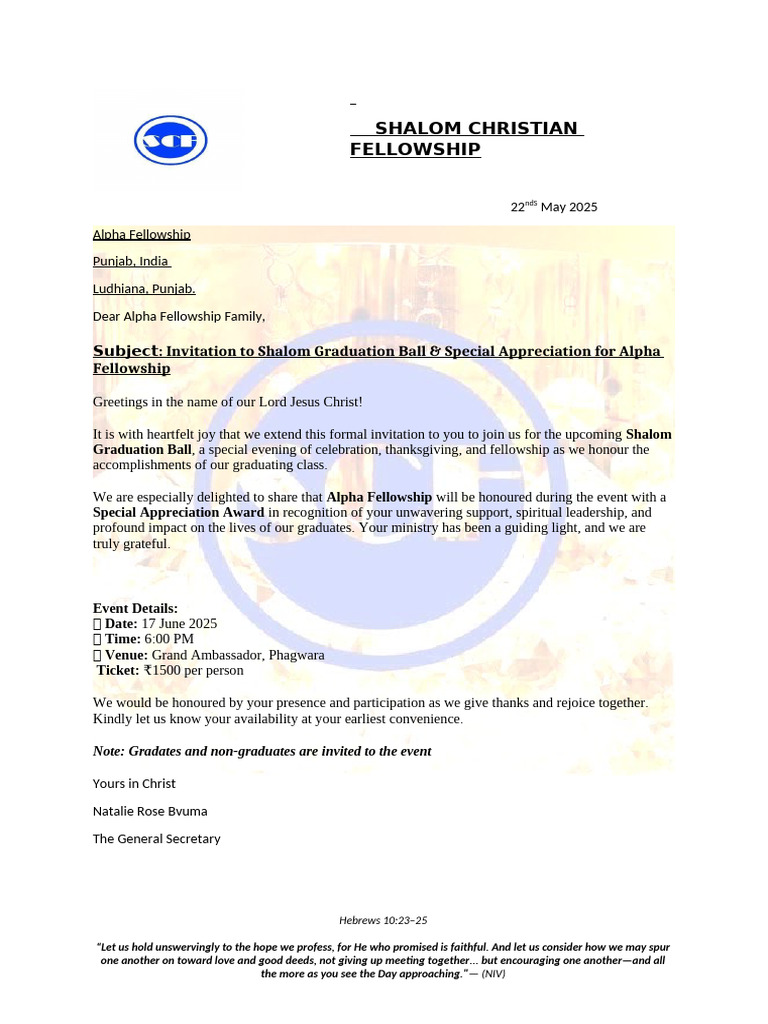 Shalom Graduation Ball Invitation 2025 | PDF