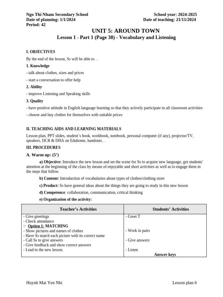 UNIT 5 - LESSON 1 - PART 1 - Vocabulary and Listening | PDF ...