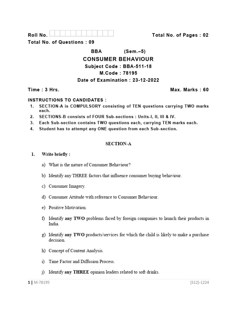 Consumer Behaviour Exam Guide BBA 5th Sem | PDF | Consumer Behaviour ...