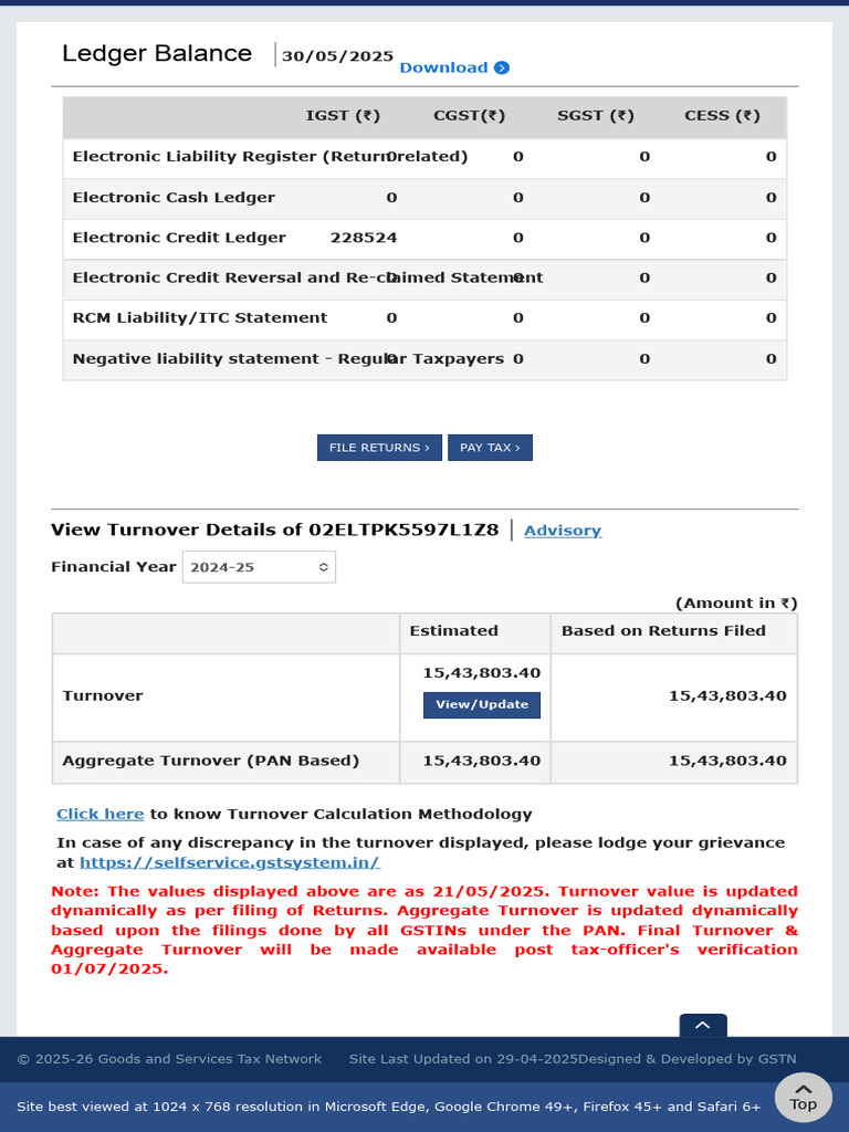 GST Turnover and Ledger Summary 2025 | PDF | Public Finance | Payments