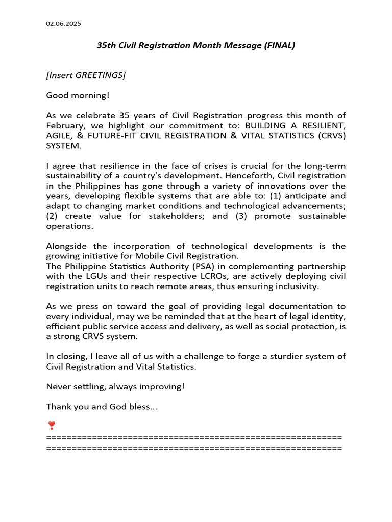 35th Civil Registration Month Message | PDF
