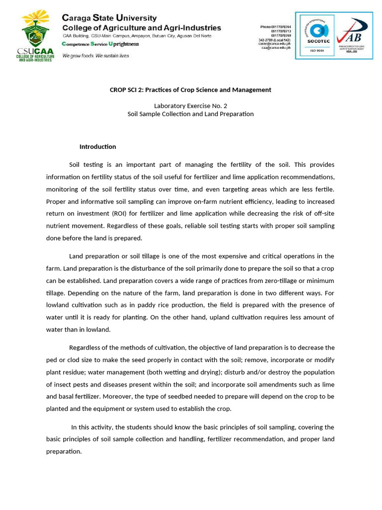 CS2.LE2 Soil Sample Collection and Land Preparation | PDF | Tillage | Soil