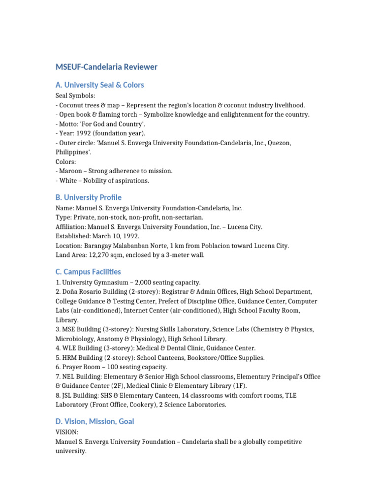 MSEUF Candelaria Reviewer | PDF